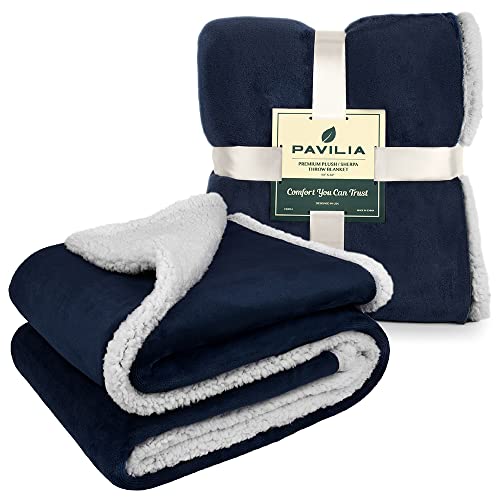 PAVILIA Plush Sherpa Fleece Throw Blanket Navy | Soft, Warm, Fuzzy Dark Blue Throw for Couch Sofa | Solid Reversible Cozy Microfiber Fluffy Blanket, 50x60