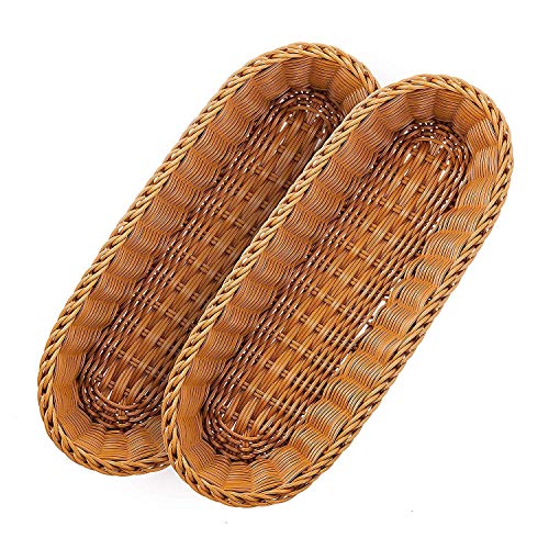 make it fun 2 Set 14.5" Poly-Wicker Bread Basket, Long Woven Tabletop Food Serving Basket, Honey Brown - Set of 2