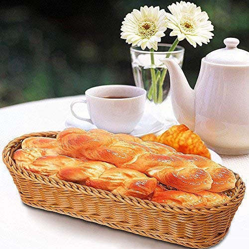 make it fun 2 Set 14.5" Poly-Wicker Bread Basket, Long Woven Tabletop Food Serving Basket, Honey Brown - Set of 2