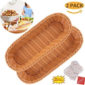 make it fun 2 Set 14.5" Poly-Wicker Bread Basket, Long Woven Tabletop Food Serving Basket, Honey Brown - Set of 2