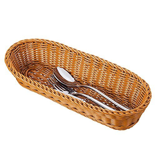 make it fun 2 Set 14.5" Poly-Wicker Bread Basket, Long Woven Tabletop Food Serving Basket, Honey Brown - Set of 2