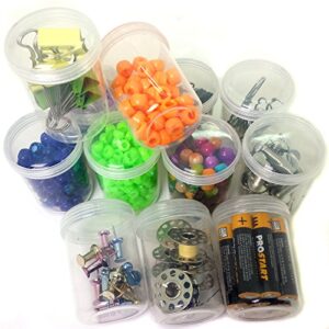 12 plastic containers with rounded screw-top lids - crafting beading sewing jewelry organizers