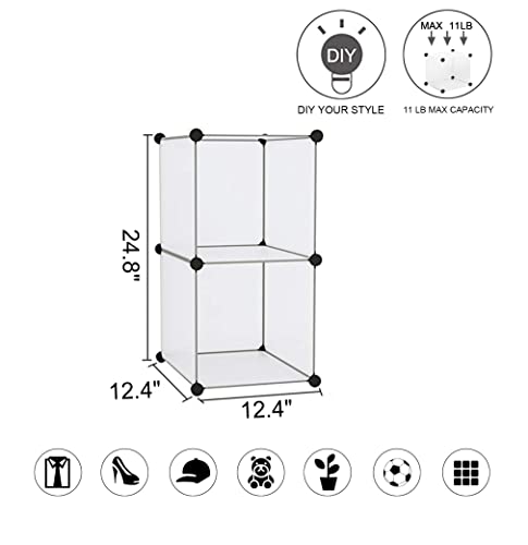 C&AHOME Cube Storage, 2-Cube Organizer Unit, Plastic Closet Storage Shelf, DIY Bookshelf, Modular Bookcase, Cabinet Ideal for Bedroom, Living Room, Office, 12.4" L x 12.4" W x 24.8" H White SBTM3002A