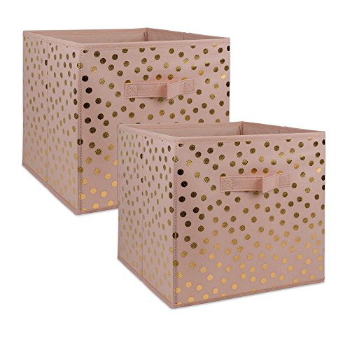 DII Non Woven Storage Collection Polka Dot Collapsible Bin Large Set, 13x13x13" Cube, Pink & Gold, 2 Piece