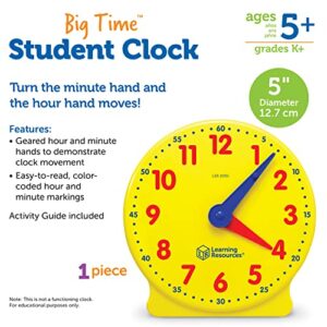 Learning Resources Big Time Student Clock, Teaching & Demonstration Clock, Develops Time and Early Math Skills, Ages 5+, Clock for Learning, 12 Hour,Back to School Gifts