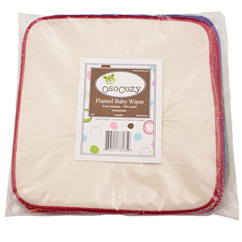 OsoCozy Flannel Cloth Baby Wipes - Reusable and Washable Saves Money - 15 Pack Unbleached/Natural 100% Cotton - Soft and Durable - Colorful Outer Stitching - 8 x 8 inches each.