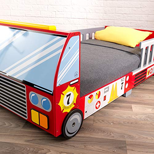 KidKraft Fire Truck Wooden Toddler Bed with Guard Rails, Children's Furniture - Red, Gift for Ages 15 mo+, 59.2 x 28.8 x 21