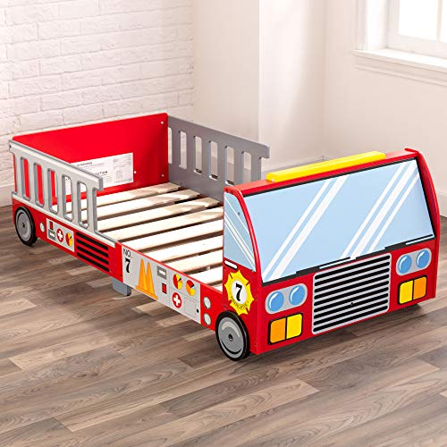 KidKraft Fire Truck Wooden Toddler Bed with Guard Rails, Children's Furniture - Red, Gift for Ages 15 mo+, 59.2 x 28.8 x 21