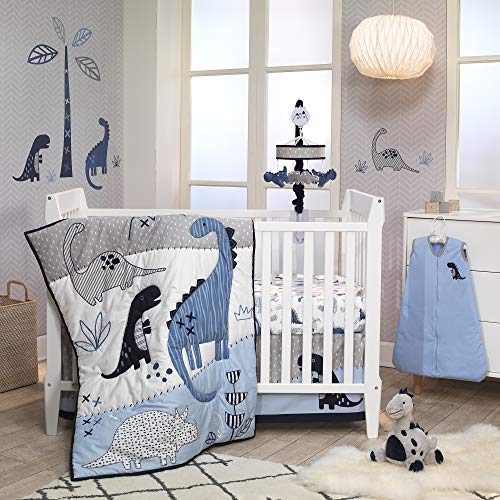 Lambs & Ivy Baby Dino 100% Cotton Blue/White/Gray Dinosaur Fitted Crib Sheet