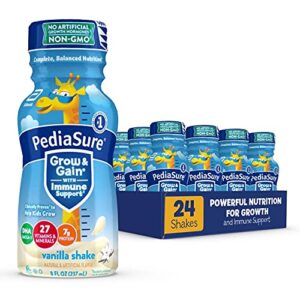 pediasure grow & gain with immune support, kids protein shake, 27 vitamins and minerals, 7g protein, helps kids catch up on growth, non-gmo, gluten-free, vanilla, 8 fl oz (pack of 24)