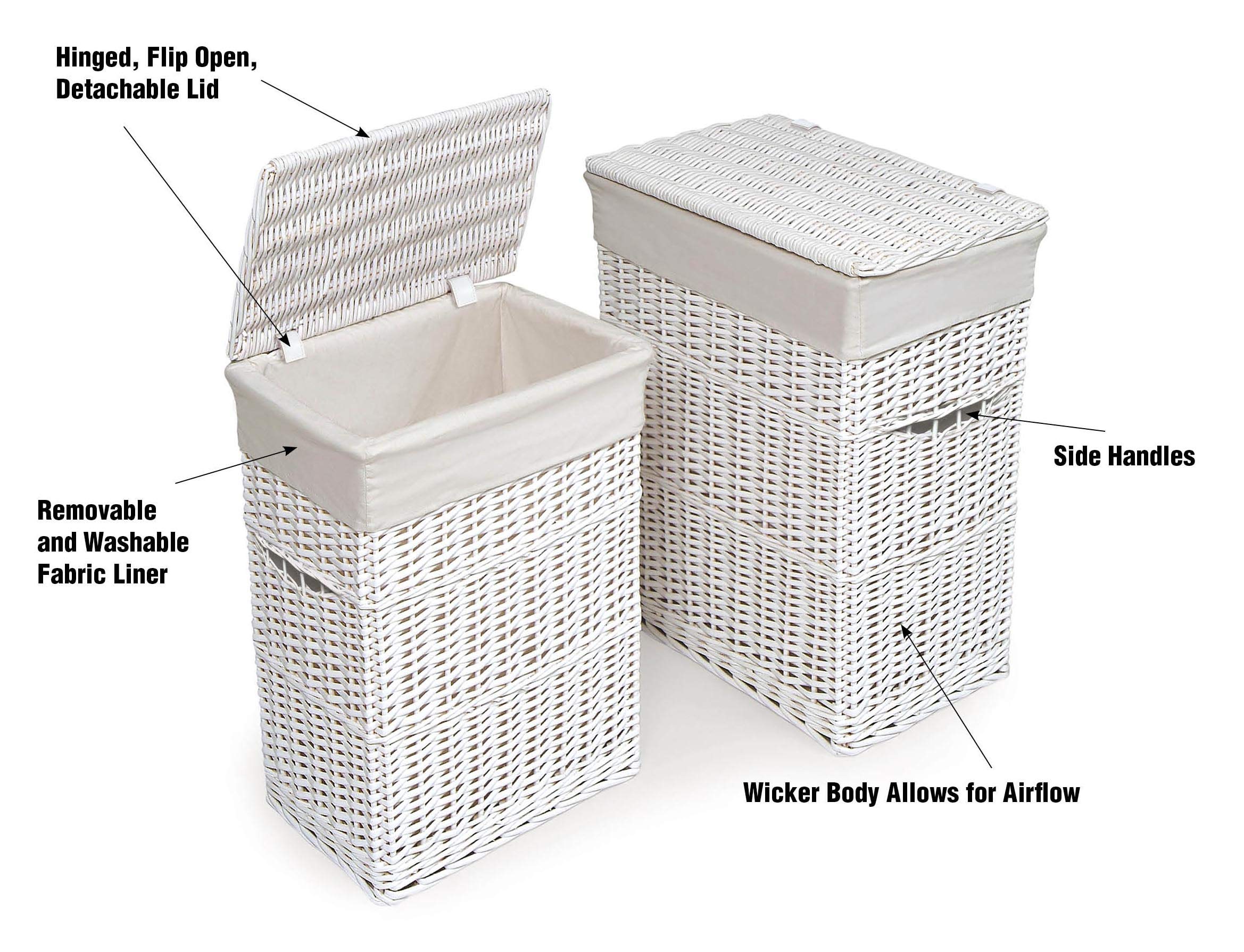 Wicker Two Laundry Hamper Set with Lids and Fabric Liners