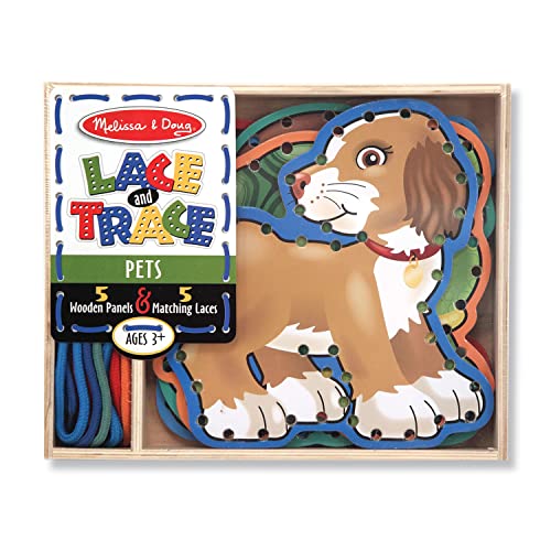 Melissa & Doug Lace and Trace Activity Set: Pets - 5 Wooden Panels and 5 Matching Laces - Lacing Toys For Toddlers, Fine Motor Skills Threading Cards For Preschoolers And Kids Ages 3+