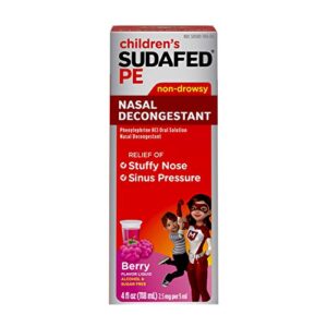 sudafed children's pe nasal decongestant, liquid cold relief medicine with phenylephrine hcl, alcohol free and sugar-free, berry-flavored, 4 fl. oz