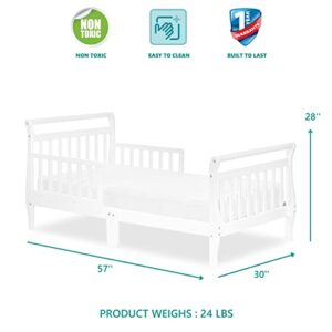 Dream On Me Classic Sleigh Toddler Bed in White, JPMA Certified, Comes with Safety Rails, Non-Toxic Finishes, Low to Floor Design, Wooden Nursery Furniture