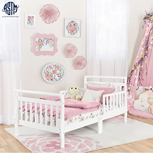 Dream On Me Classic Sleigh Toddler Bed in White, JPMA Certified, Comes with Safety Rails, Non-Toxic Finishes, Low to Floor Design, Wooden Nursery Furniture