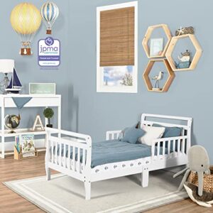 Dream On Me Classic Sleigh Toddler Bed in White, JPMA Certified, Comes with Safety Rails, Non-Toxic Finishes, Low to Floor Design, Wooden Nursery Furniture