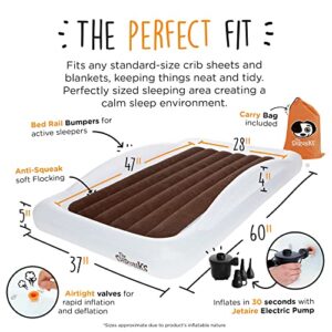 The Shrunks Toddler Travel Bed Portable Inflatable Air Mattress Blow Up Bed for Indoor/Outdoor Camping, Backyard, Hotel, or Home Use Kids Floor Bed with Security Bed Rails and Electric Pump