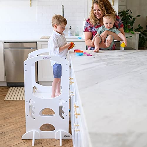 Kids Learning Tower by Little Partners – Child Kitchen Stool Helper Adjustable Height Step Stool, Wooden Frame, Counter Step-Up Active Standing Tower (Soft White)