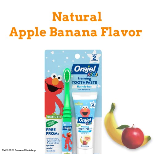 Orajel Elmo Fluoride-Free Tooth & Gum Cleanser with Toothbrush, Combo Pack, Banana Apple Flavored Non-Fluoride, 2 Piece Set