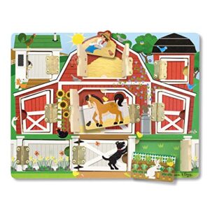 melissa & doug hide and seek farm wooden activity board with barnyard animal magnets - wooden busy board, hide and seek puzzles, wooden magnet puzzles for toddlers and kids ages 3+