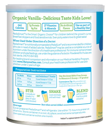 PediaSmart Dairy Vanilla Complete Nutrition Beverage Powder Mix, 12.7 Oz (Pack of 1) | | USDA Organic | Clean Label Project Verified