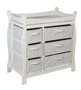 sleigh style baby changing table with 6 storage baskets and pad