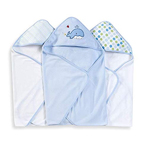 Spasilk Hooded Towel Set for Newborn Boys and Girls, Soft Terry Towel Set, Pack of 3, Blue Whale