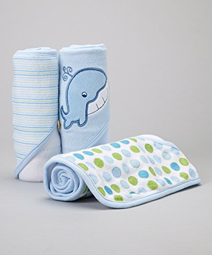 Spasilk Hooded Towel Set for Newborn Boys and Girls, Soft Terry Towel Set, Pack of 3, Blue Whale