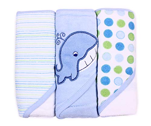 Spasilk Hooded Towel Set for Newborn Boys and Girls, Soft Terry Towel Set, Pack of 3, Blue Whale