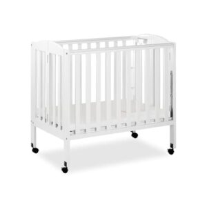 dream on me 3 in 1 portable folding stationary side crib in white, greenguard gold certified, safety wheel with locking casters, convertible, 3 mattress heights