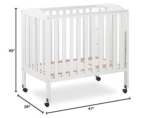 Dream On Me 3 in 1 Portable Folding Stationary Side Crib in White, Greenguard Gold Certified, Safety Wheel with Locking Casters, Convertible, 3 Mattress Heights