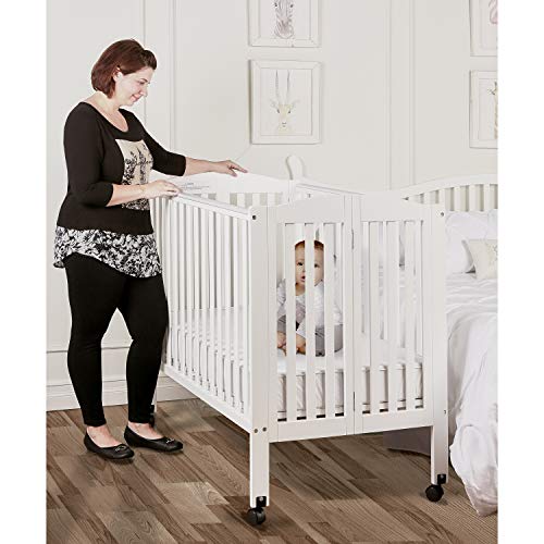 Dream On Me 3 in 1 Portable Folding Stationary Side Crib in White, Greenguard Gold Certified, Safety Wheel with Locking Casters, Convertible, 3 Mattress Heights