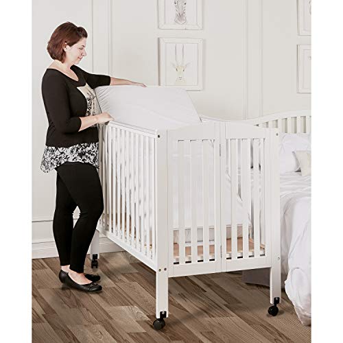 Dream On Me 3 in 1 Portable Folding Stationary Side Crib in White, Greenguard Gold Certified, Safety Wheel with Locking Casters, Convertible, 3 Mattress Heights