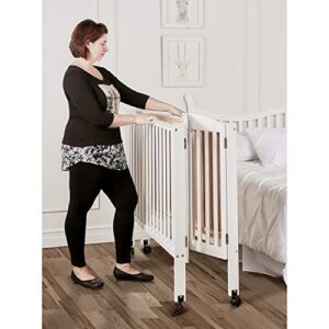 Dream On Me 3 in 1 Portable Folding Stationary Side Crib in White, Greenguard Gold Certified, Safety Wheel with Locking Casters, Convertible, 3 Mattress Heights