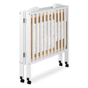 Dream On Me 3 in 1 Portable Folding Stationary Side Crib in White, Greenguard Gold Certified, Safety Wheel with Locking Casters, Convertible, 3 Mattress Heights