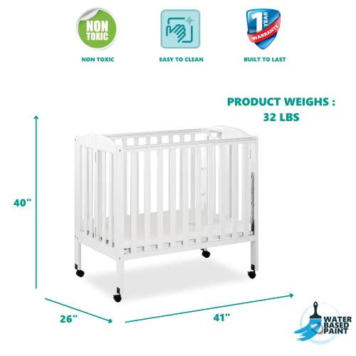 Dream On Me 3 in 1 Portable Folding Stationary Side Crib in White, Greenguard Gold Certified, Safety Wheel with Locking Casters, Convertible, 3 Mattress Heights