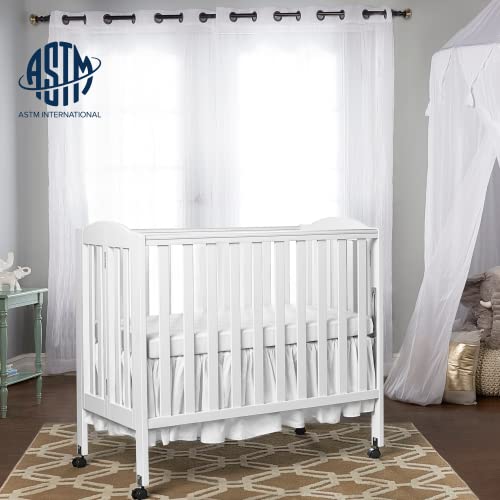 Dream On Me 3 in 1 Portable Folding Stationary Side Crib in White, Greenguard Gold Certified, Safety Wheel with Locking Casters, Convertible, 3 Mattress Heights