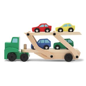 melissa & doug car carrier truck and cars wooden toy set with 1 truck and 4 cars - wooden cars, vehicle toys, push and go wooden trucks for toddlers and kids ages 3+