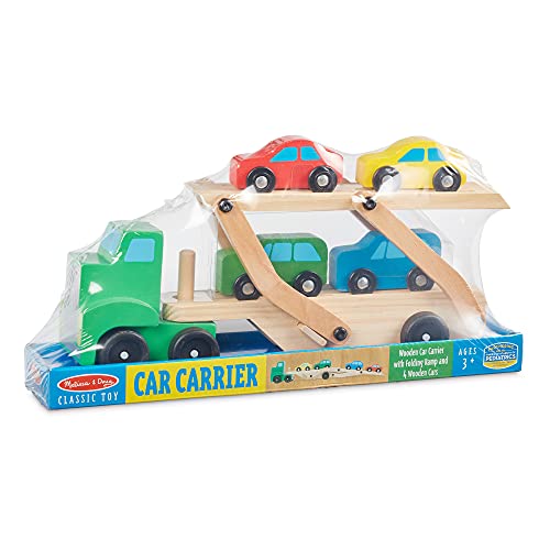 Melissa & Doug Car Carrier Truck and Cars Wooden Toy Set With 1 Truck and 4 Cars - Wooden Cars, Vehicle Toys, Push And Go Wooden Trucks For Toddlers And Kids Ages 3+