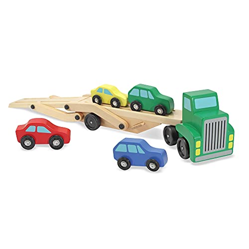 Melissa & Doug Car Carrier Truck and Cars Wooden Toy Set With 1 Truck and 4 Cars - Wooden Cars, Vehicle Toys, Push And Go Wooden Trucks For Toddlers And Kids Ages 3+