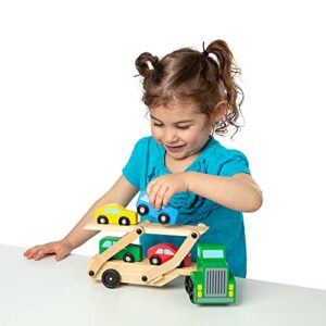 Melissa & Doug Car Carrier Truck and Cars Wooden Toy Set With 1 Truck and 4 Cars - Wooden Cars, Vehicle Toys, Push And Go Wooden Trucks For Toddlers And Kids Ages 3+