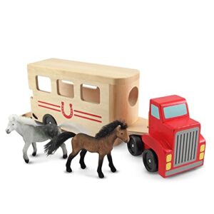 melissa & doug horse carrier wooden vehicle play set with 2 flocked horses and pull-down ramp - horse figures, wooden horse trailer toy for kids ages 3+