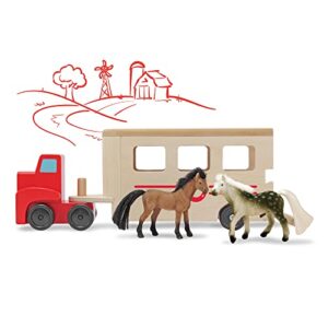 Melissa & Doug Horse Carrier Wooden Vehicle Play Set With 2 Flocked Horses and Pull-Down Ramp - Horse Figures, Wooden Horse Trailer Toy For Kids Ages 3+