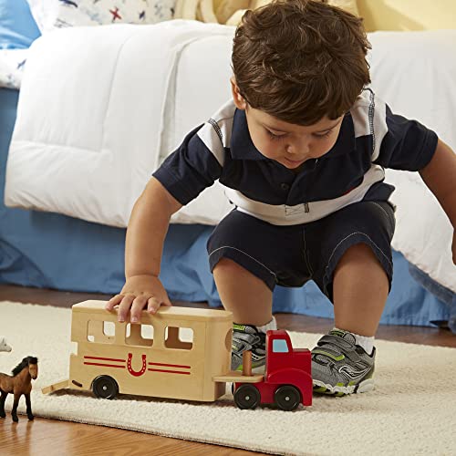 Melissa & Doug Horse Carrier Wooden Vehicle Play Set With 2 Flocked Horses and Pull-Down Ramp - Horse Figures, Wooden Horse Trailer Toy For Kids Ages 3+