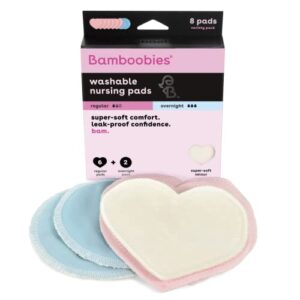 bamboobies women’s nursing pads, reusable and washable, blue and light pink, 3 regular pairs and 1 overnight pairs, leak-proof pads for breastfeeding, 4 pairs