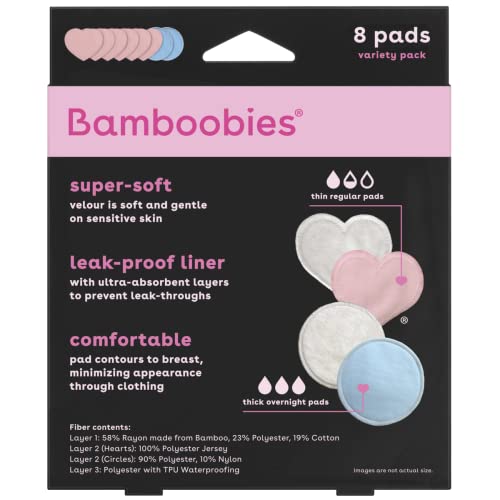 Bamboobies Women’s Nursing Pads, Reusable and Washable, Blue and Light Pink, 3 Regular Pairs and 1 Overnight Pairs, Leak-Proof Pads for Breastfeeding, 4 Pairs