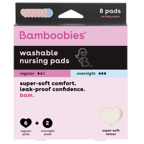 Bamboobies Women’s Nursing Pads, Reusable and Washable, Blue and Light Pink, 3 Regular Pairs and 1 Overnight Pairs, Leak-Proof Pads for Breastfeeding, 4 Pairs