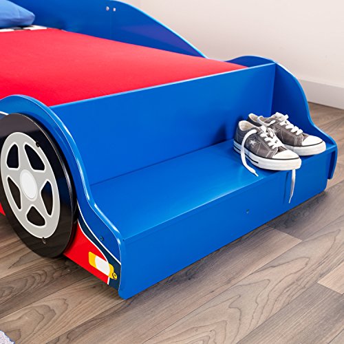 KidKraft Wooden Racecar Toddler Bed with Built-In Bench and Bed Rails - Red and Blue, Gift for Ages 15 mo+