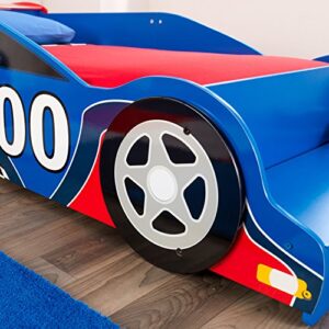 KidKraft Wooden Racecar Toddler Bed with Built-In Bench and Bed Rails - Red and Blue, Gift for Ages 15 mo+