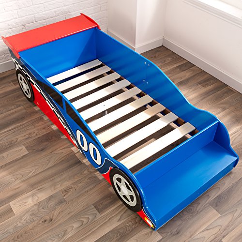 KidKraft Wooden Racecar Toddler Bed with Built-In Bench and Bed Rails - Red and Blue, Gift for Ages 15 mo+